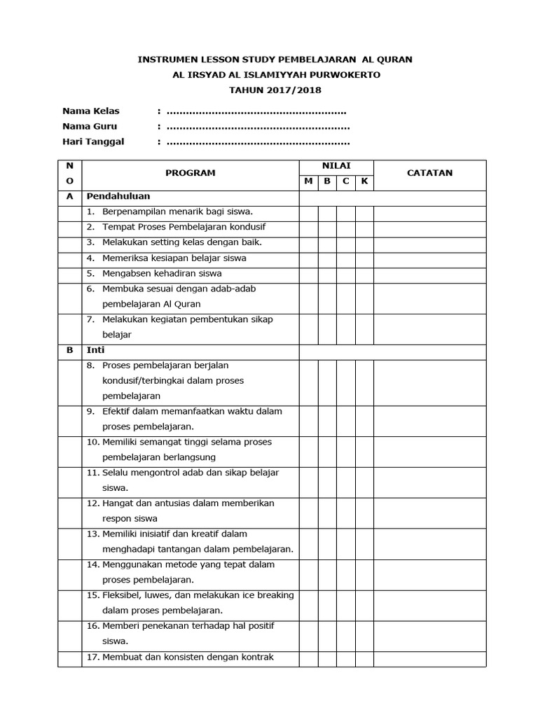Instrumen Lesson Studi Guru | PDF