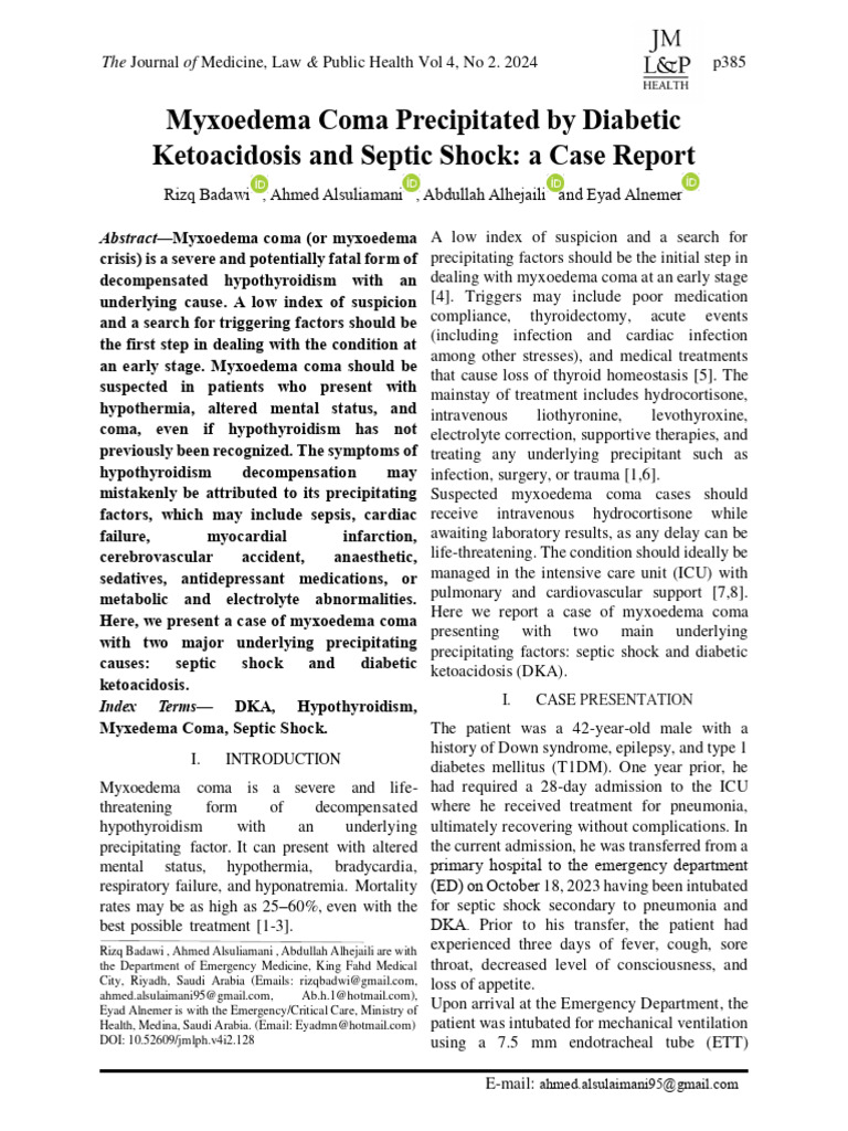 Myxoedema Coma Precipitated by Diabetic Ketoacidosis and Septic Shock ...