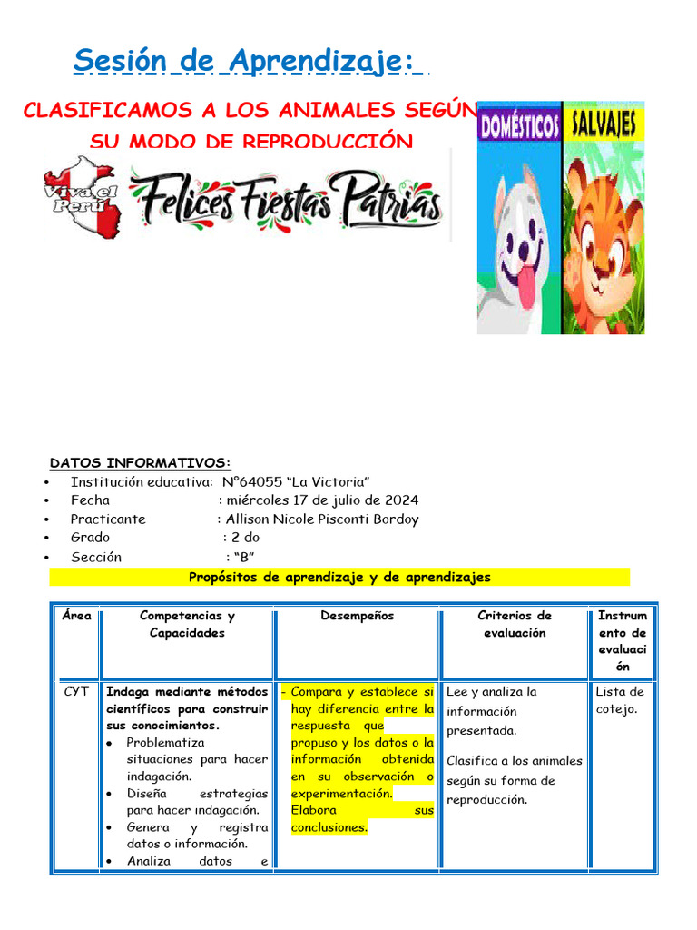 2° Sesión Día 4 Cyt Clasificamos A Los Animales Según Su Modo de Reproducción | PDF | Evaluación ...