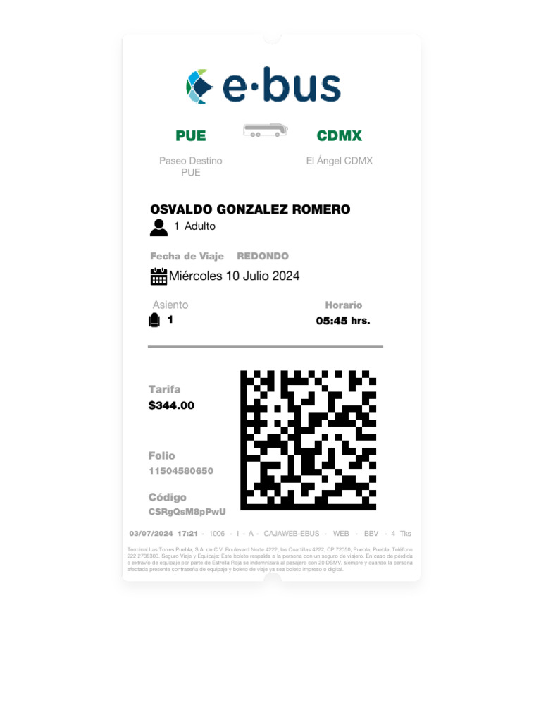 Boleto de Autobús PUE a CDMX 10 Julio | PDF