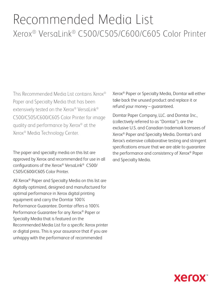 Xerox®-VersaLink®-C500 C505 C600 C605 RML Aug2019 | PDF | Printer (Computing) | Paper