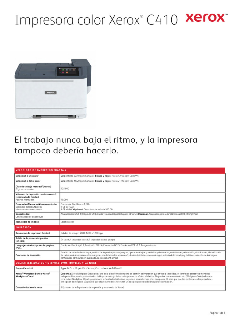 Especificaciones Xerox C410 | PDF | Color | Impresora (Computación)