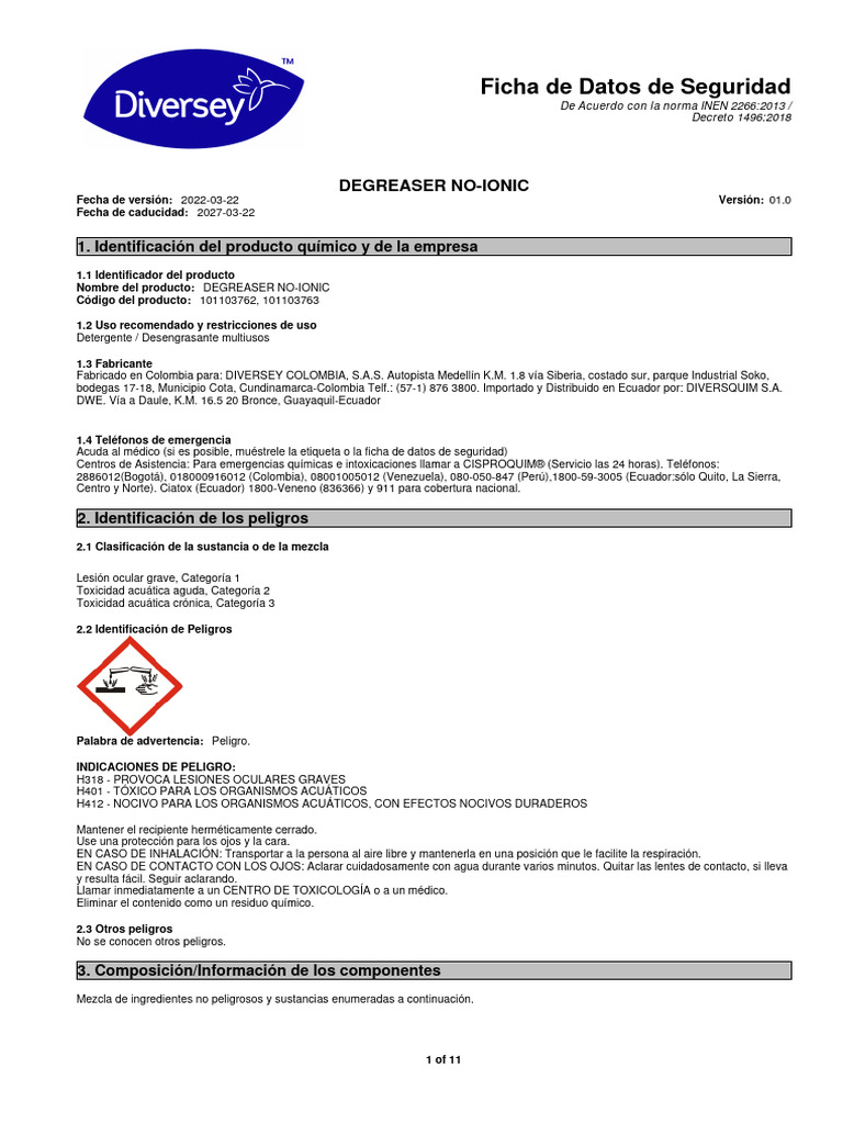 Hoja de Seguridad Degreaser No Ionic | PDF | Agua | Química