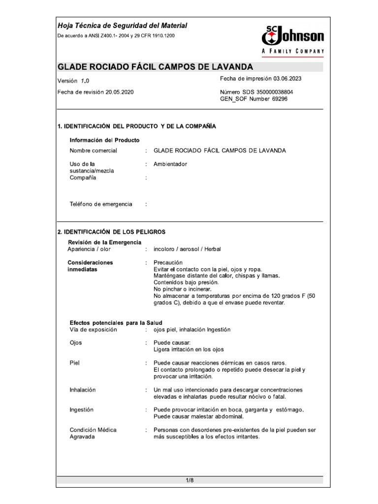 MSDS Glade Aerosol Campos de Lavanda | PDF