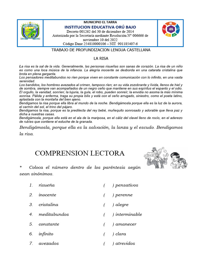 Ficha La Risa para Cuarto de Primaria | PDF