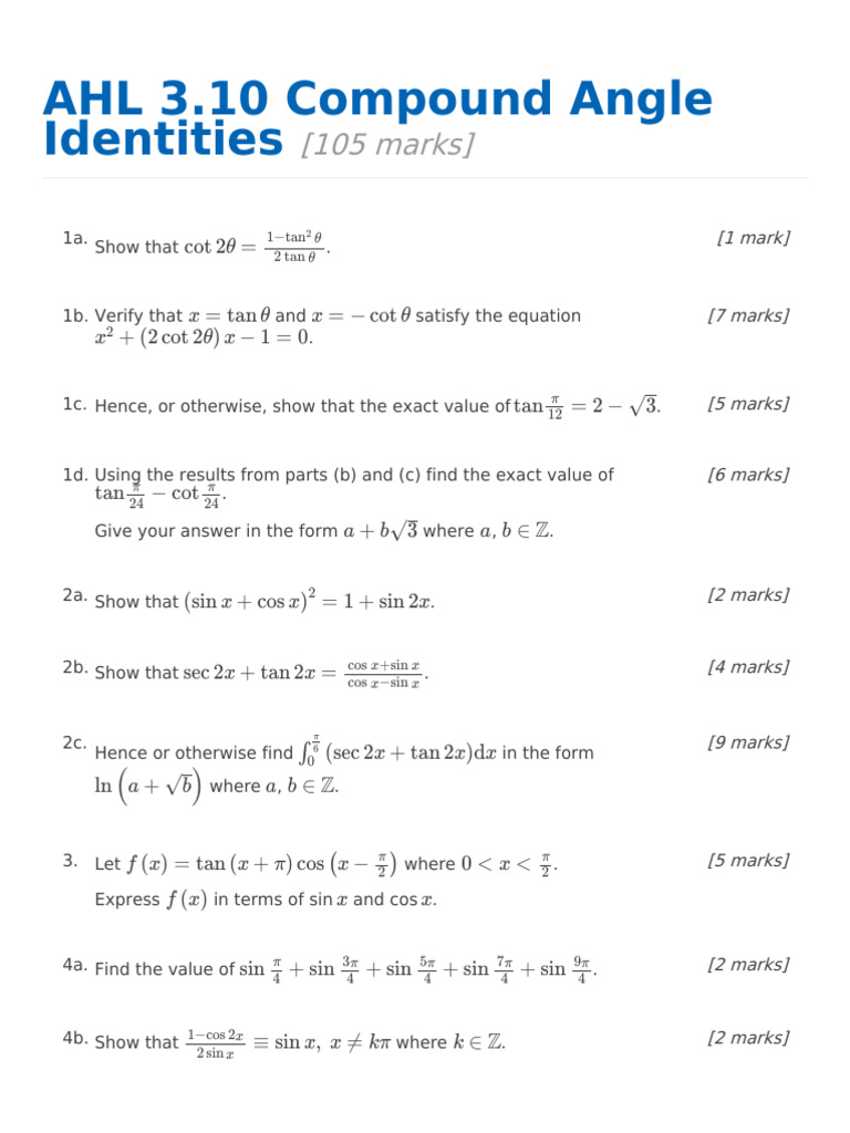 AHL 3.10 Compound Angle Identities | PDF | Elementary Mathematics ...