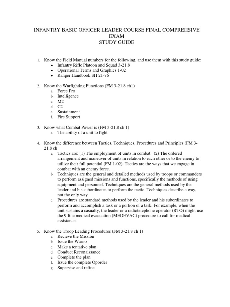 Infantry Basic Officer Leader Course Final Comprehsive Exam Study Guide ...