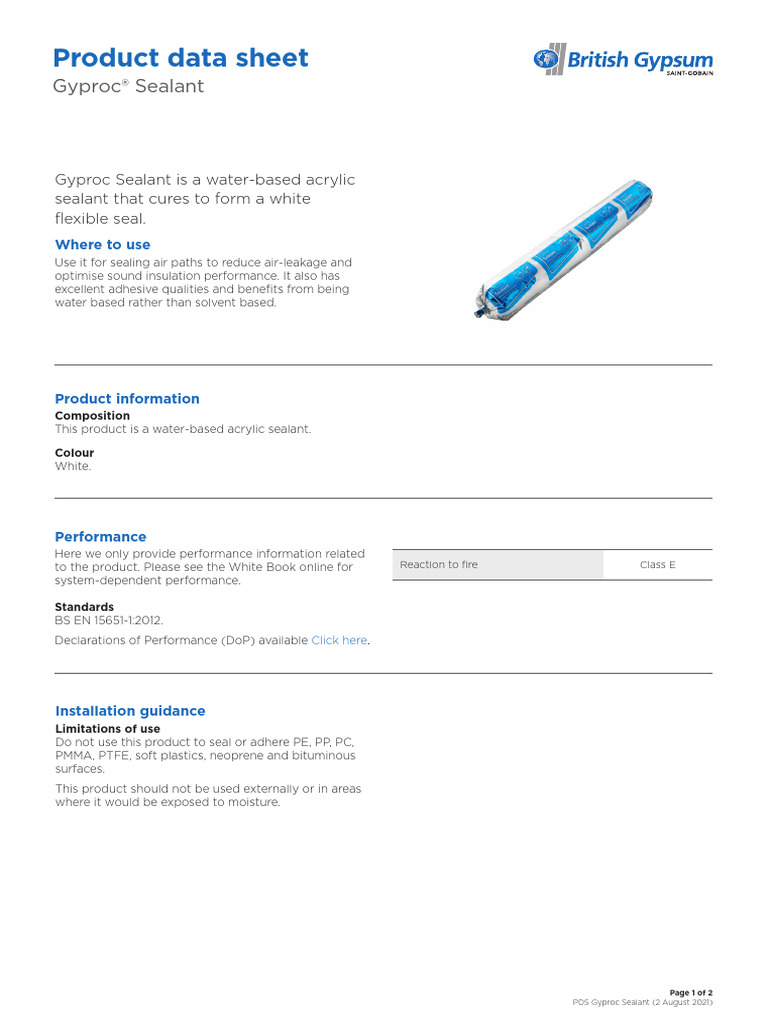 Gyproc Sealant Product Data Sheet | PDF | Drywall | Adhesive