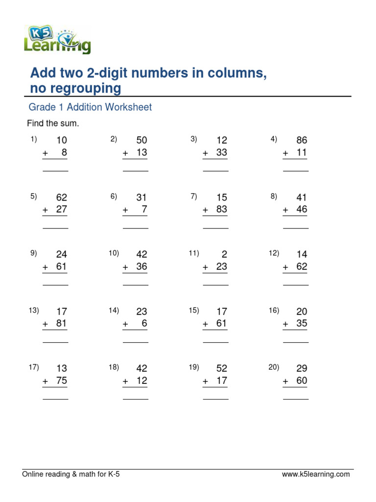 Grade 1 Add Two 2 Digit Numbers in Columns No Regrouping e | PDF