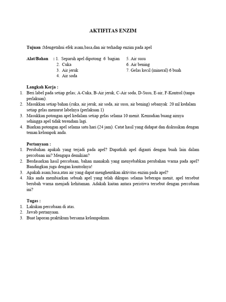 Praktikum Aktivitas Enzim | PDF | Memasak, Makanan, & Anggur ...