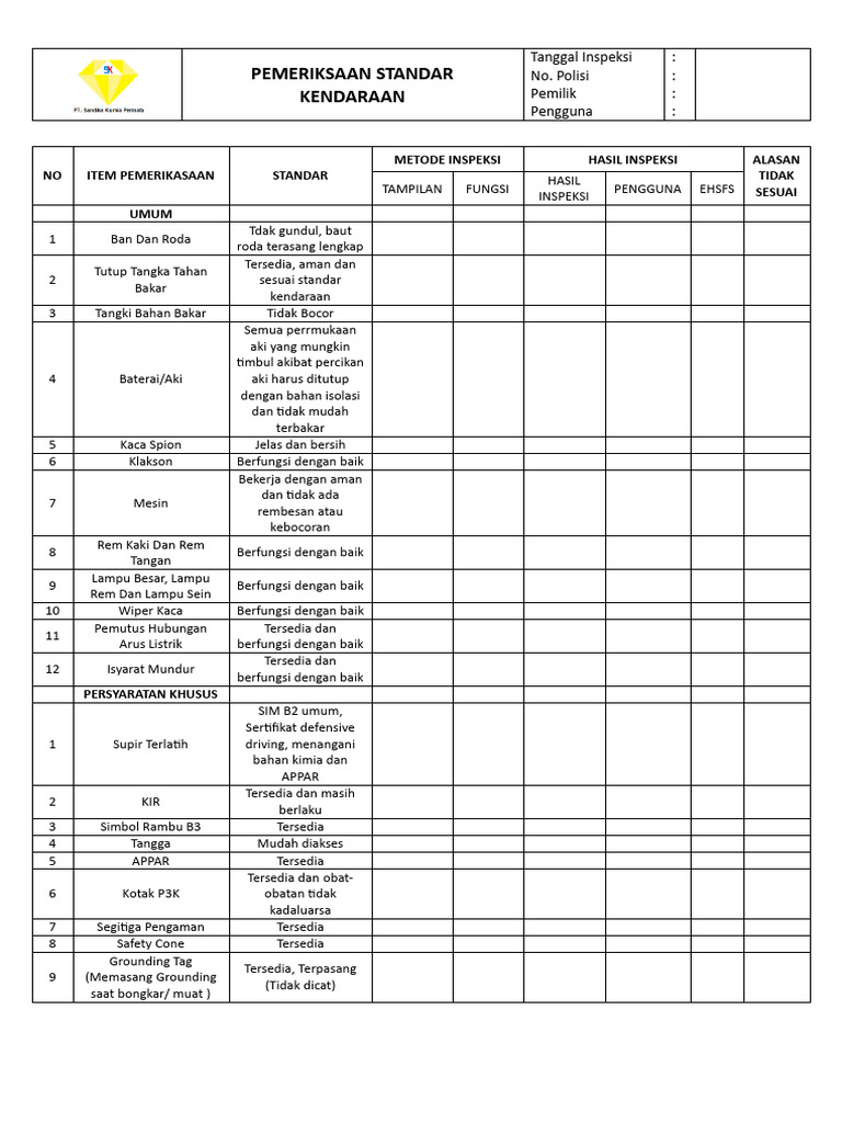Pemeriksaan Standar Kendaraan | PDF