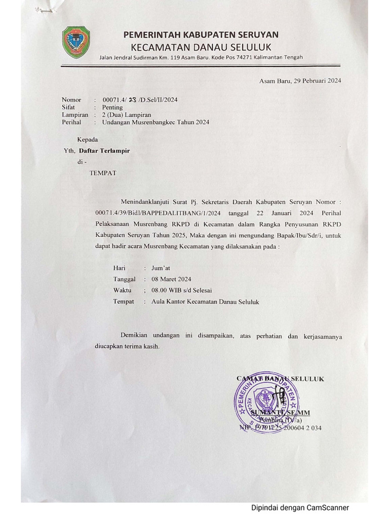 Undangan Musrenbang Kecamatan 2024 | PDF