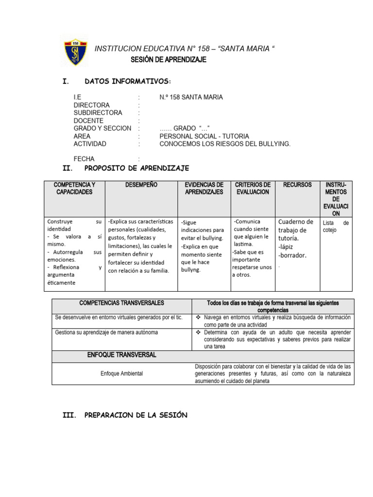 Sesion de Tutoria Bullyng PRIM | PDF | Aprendizaje | Juventud