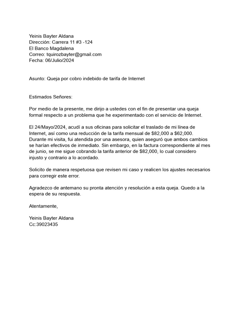 Queja Por Cobro Indebido de Tarifa de Internet | PDF