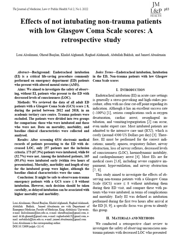 Effects of Not Intubating Non-Trauma Patients With Low Glasgow Coma ...