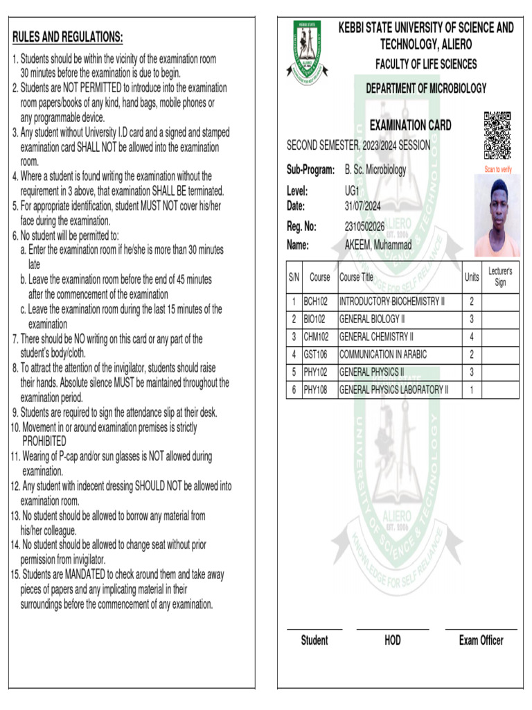 Exam Card - Second Semester, 2023 - 2024 | PDF