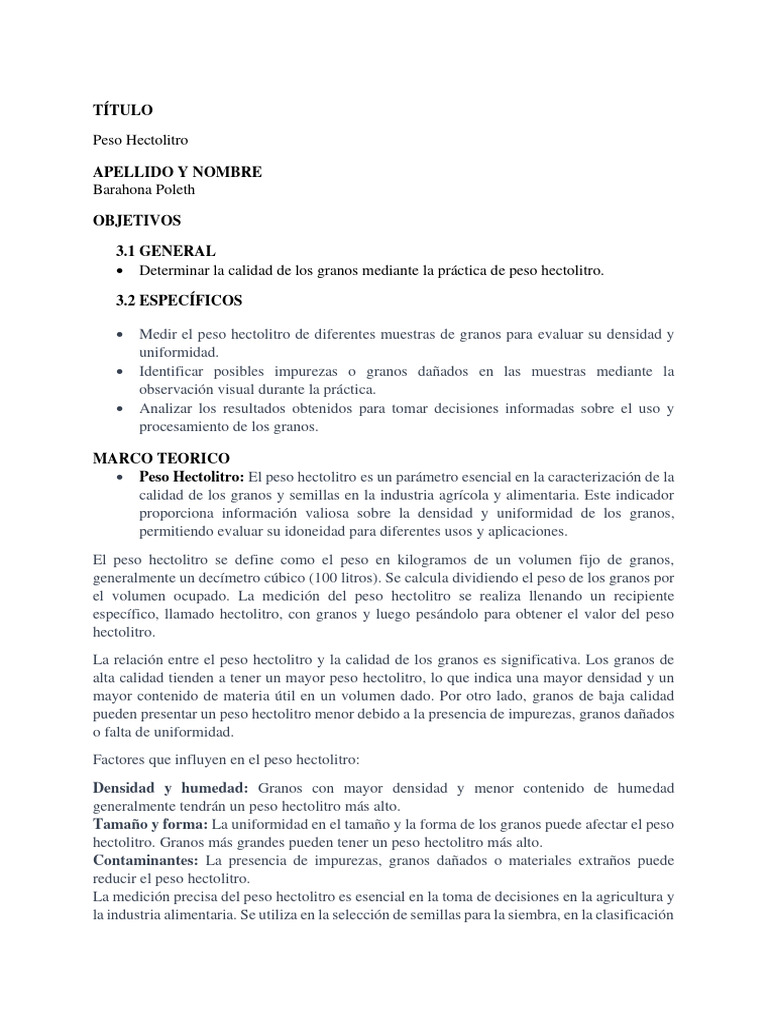 Peso Hectolitro | PDF | Densidad | Volumen