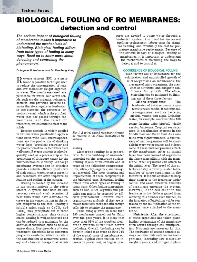 Biological Fouling of RO Membranes - Asian Water June-July 2004 | PDF | Membrane | Chemistry