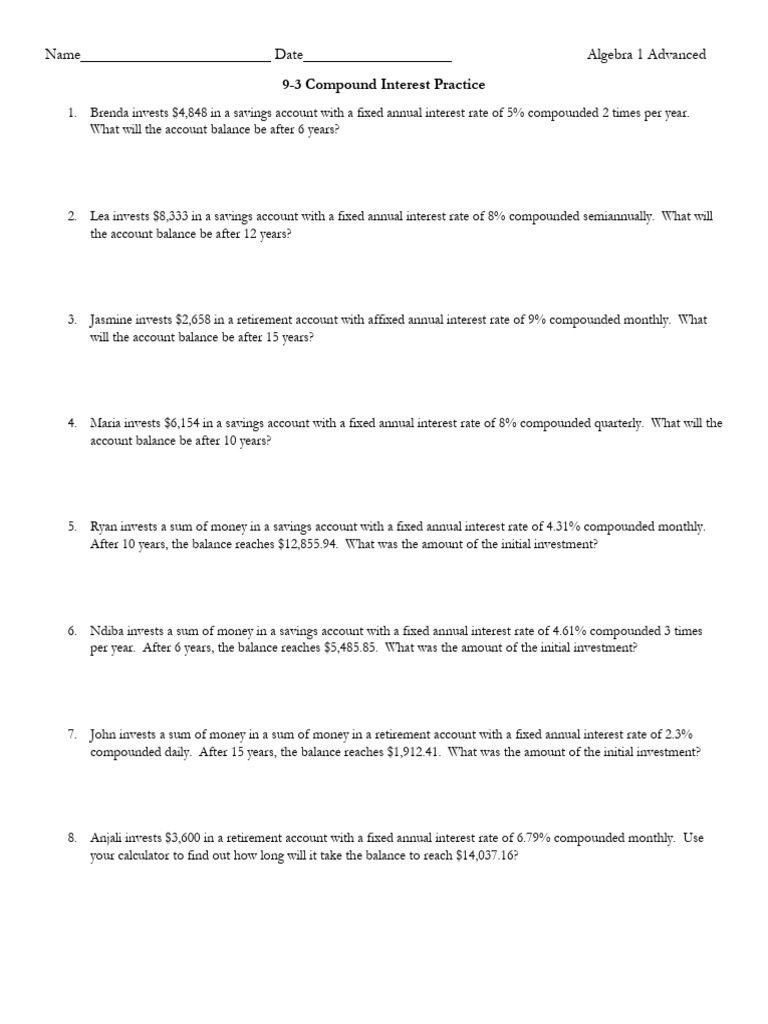 9-3 - Compound Interest Practice | PDF