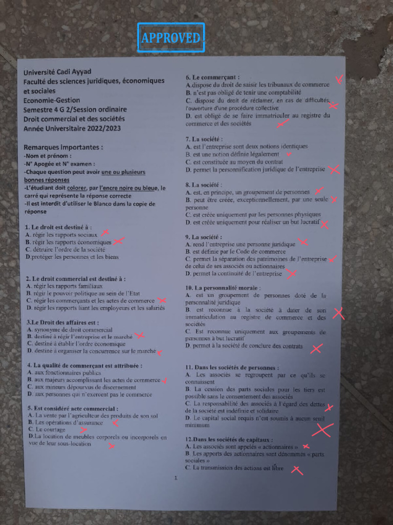 Corrige Exams Droit QCM N-1 by Me A | PDF