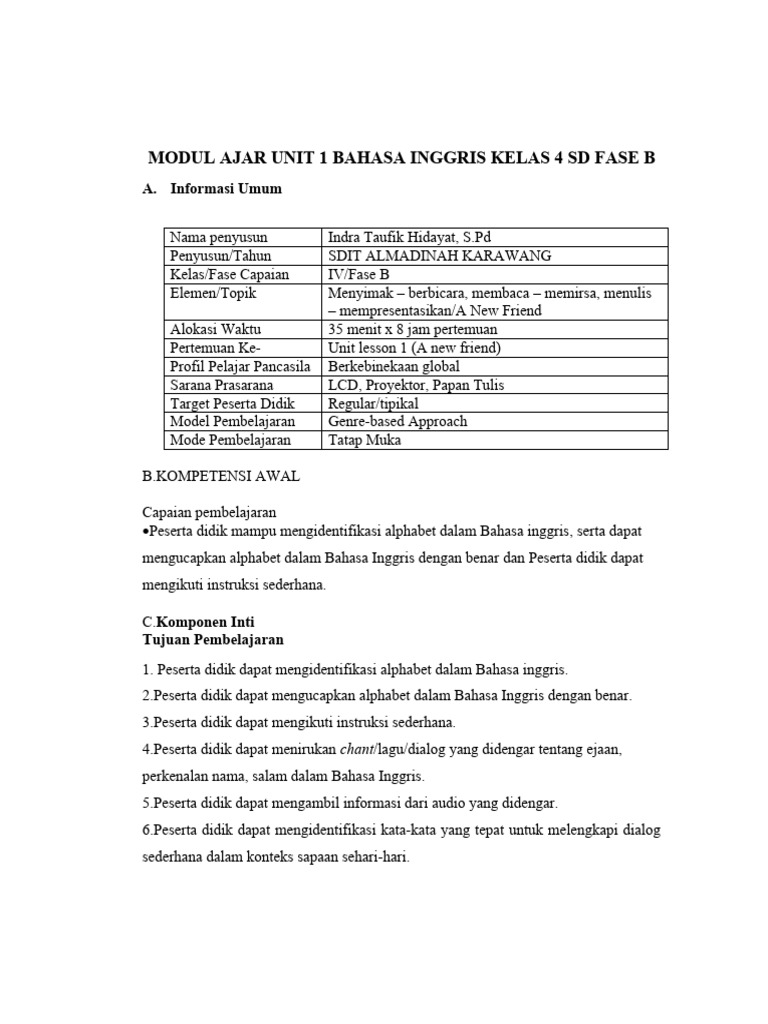 Modul Ajar Unit 1 Bahasa Inggris Kelas 4 SD Pak Indra | PDF