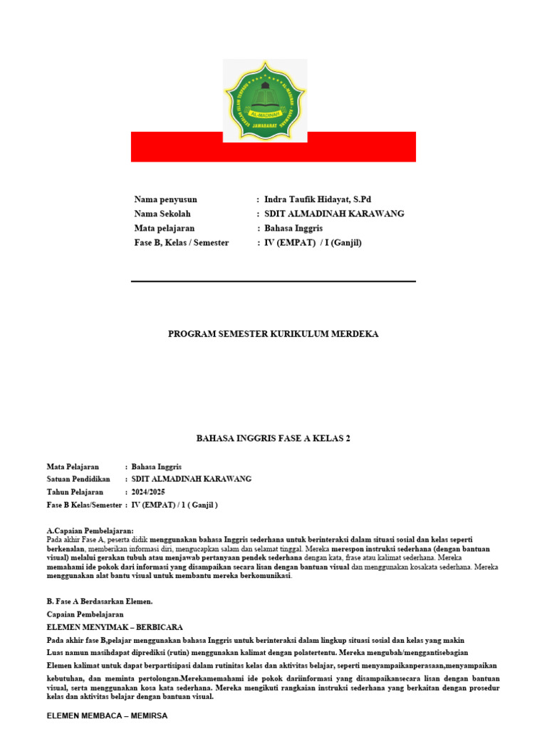 Prosem Kurikulum Merdeka Bahasa Inggris Kelas 4 SD Pak Indra | PDF