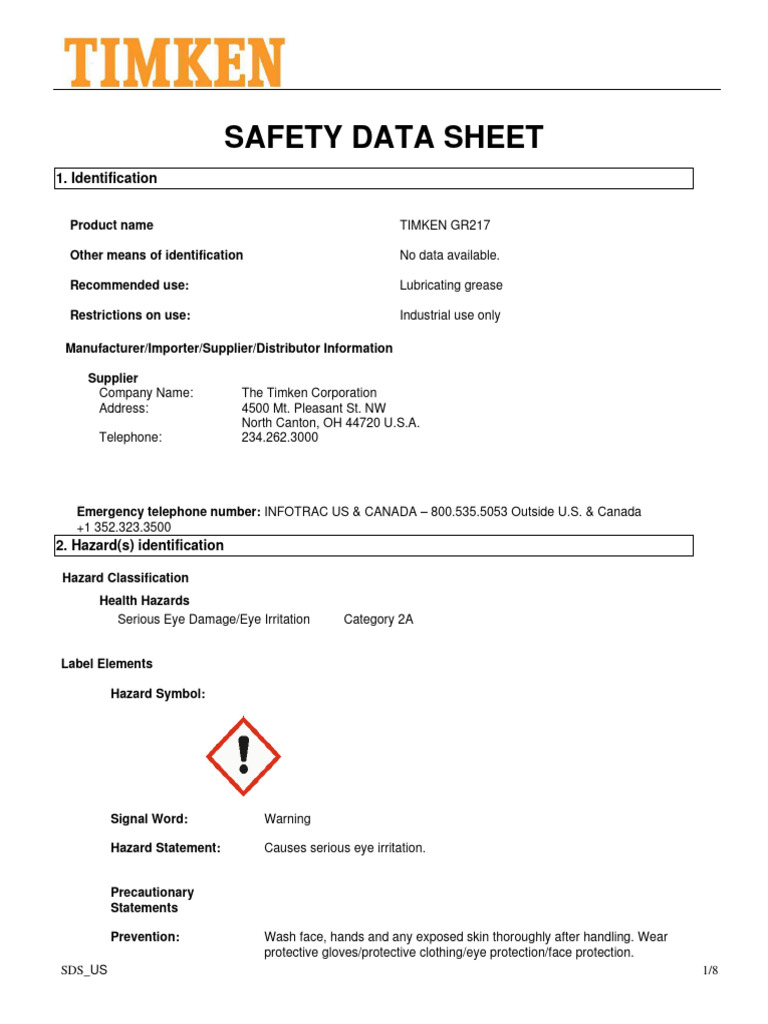 Timken GR217 Safety Data Sheet | PDF | Toxicity | Occupational Safety ...