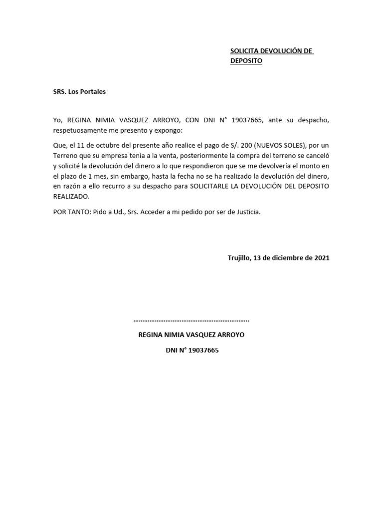 Solicitud Devolución de Deposito | PDF