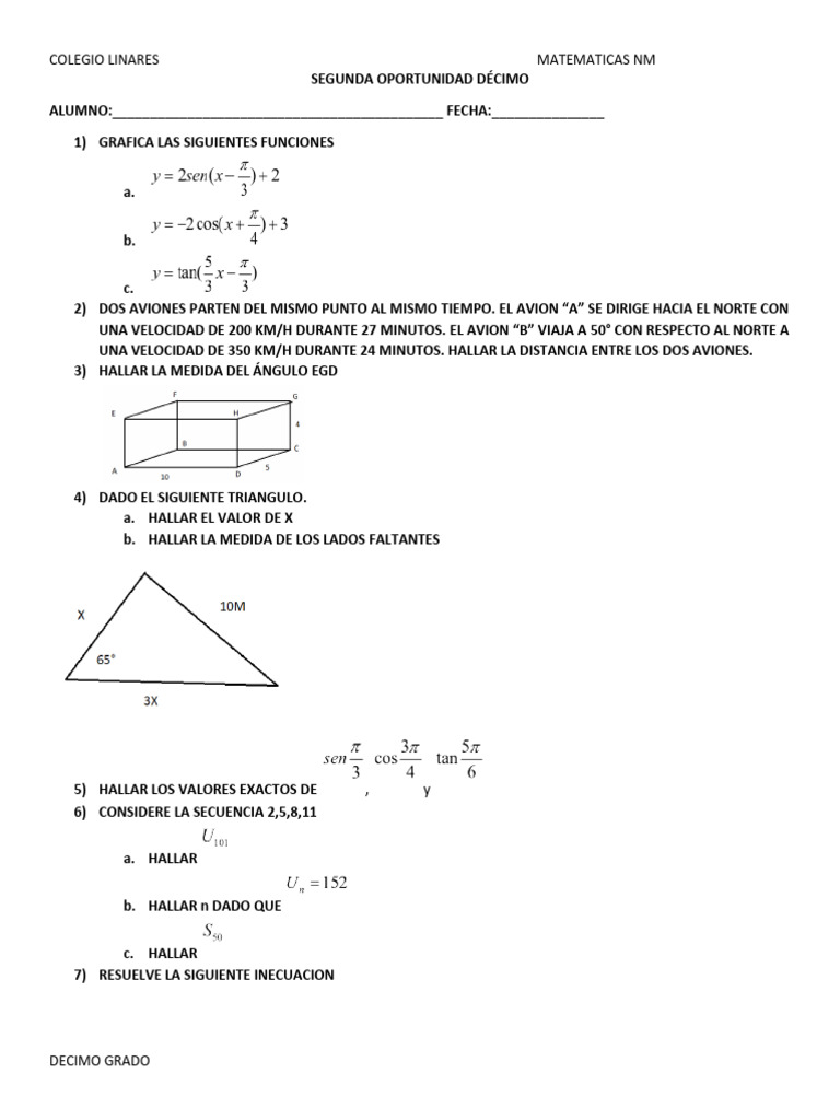 Problemas de Matemáticas para Décimo Grado | PDF