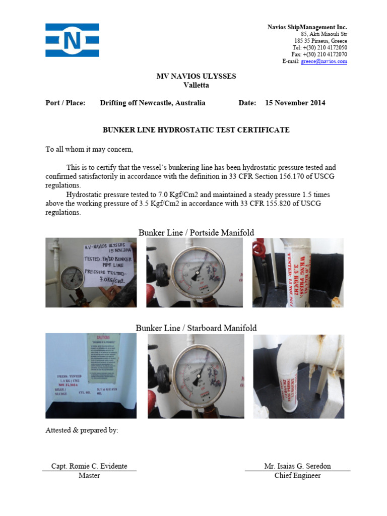 1-Bunker Line Pressure Test Cert | PDF