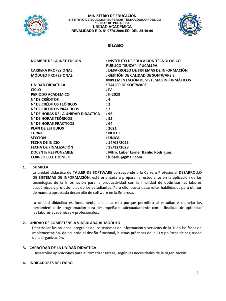 Taller de Software en Sistemas de Información | PDF | Software | Evaluación