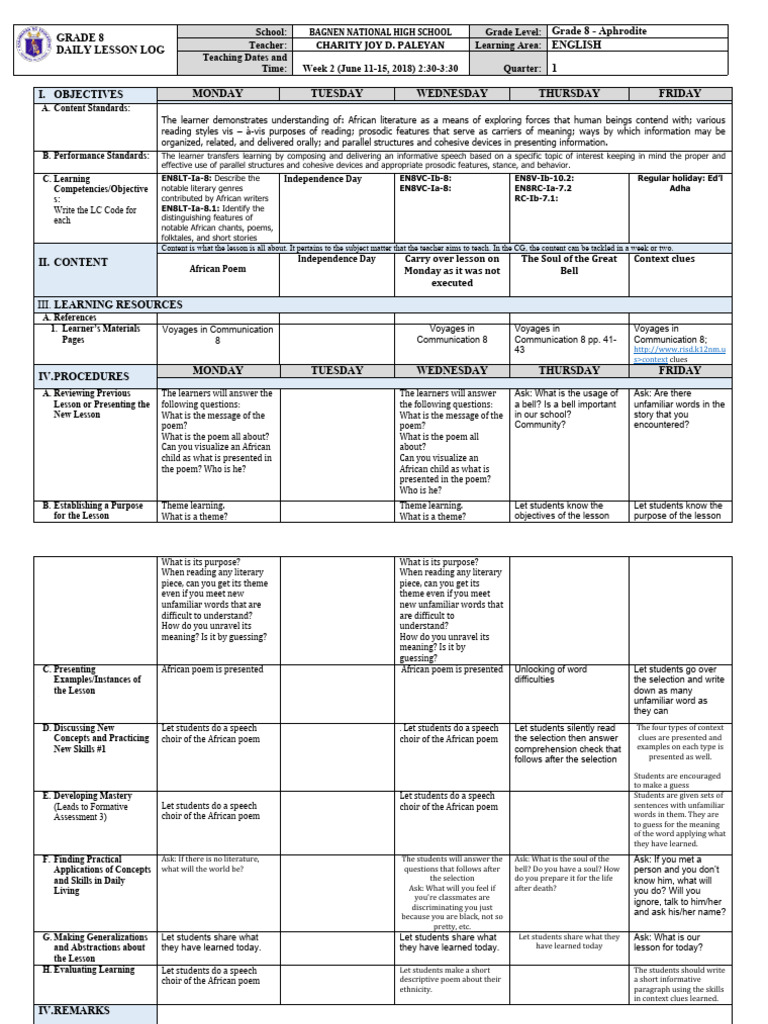 GRADE 8 Week 2 Quarter 1 | PDF | Learning | Reading Comprehension