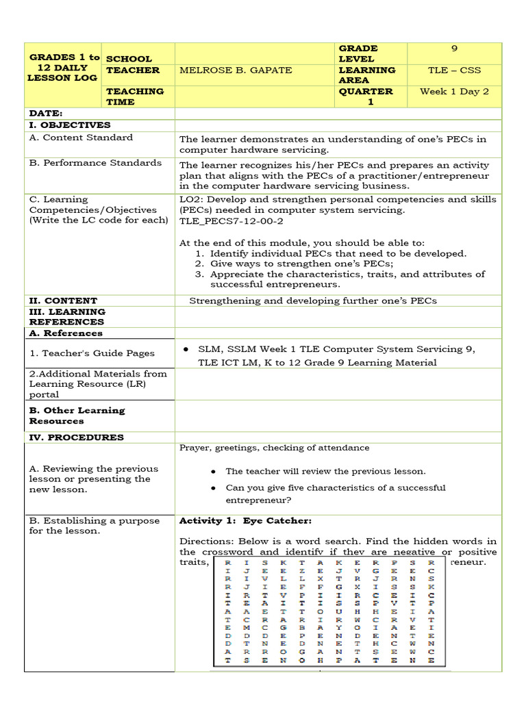 GAPATE CSS9 Q1 Week1 Day2 | PDF | Entrepreneurship | Learning