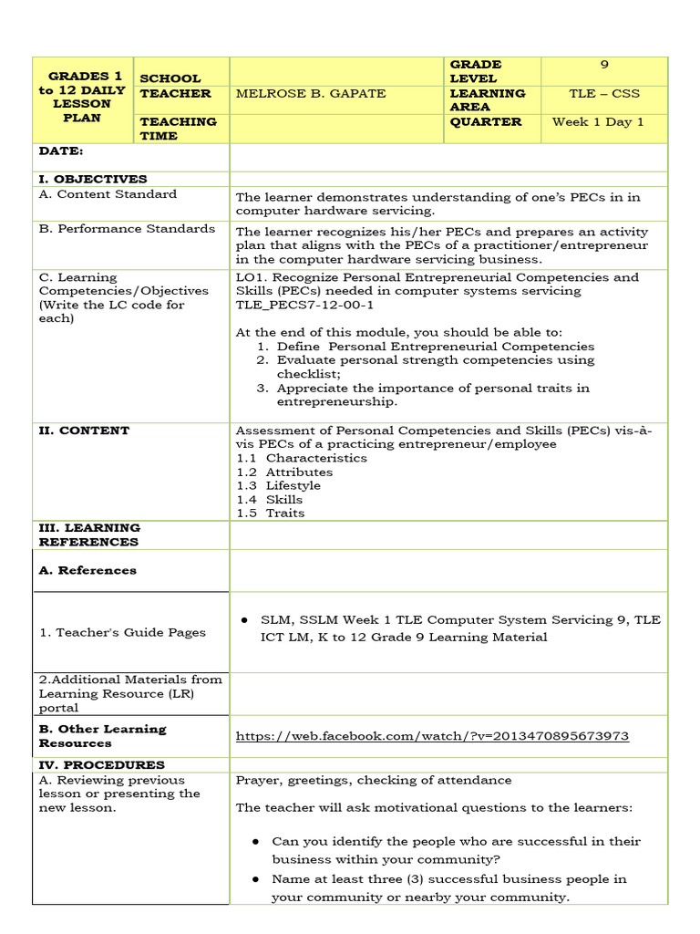 GAPATE CSS9 Q1 Week1 Day1 | PDF | Entrepreneurship | Learning