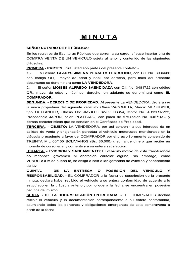 Minuta Tranferencia de Vehiculo - Moises Saenz | PDF | Negocios | Finanzas y dinero