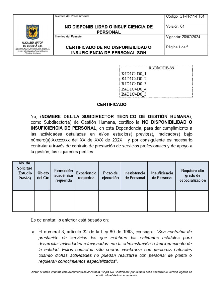 GT-PR11-FT04 Certificado de No Disponibilidad O Insuficiencia de Personal SGH V4 | PDF ...