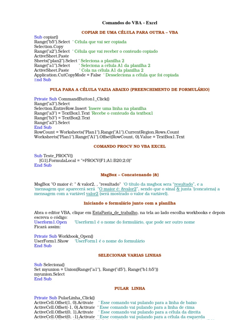 Comandos Vba Para Manipulação De Planilhas E Células No Excel Pdf Ascii Microsoft Excel