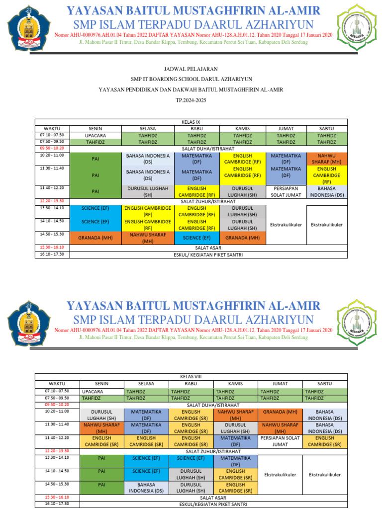 New Revisi Jadwal Pelajaran SMP It Da TP 2024-2025 | PDF