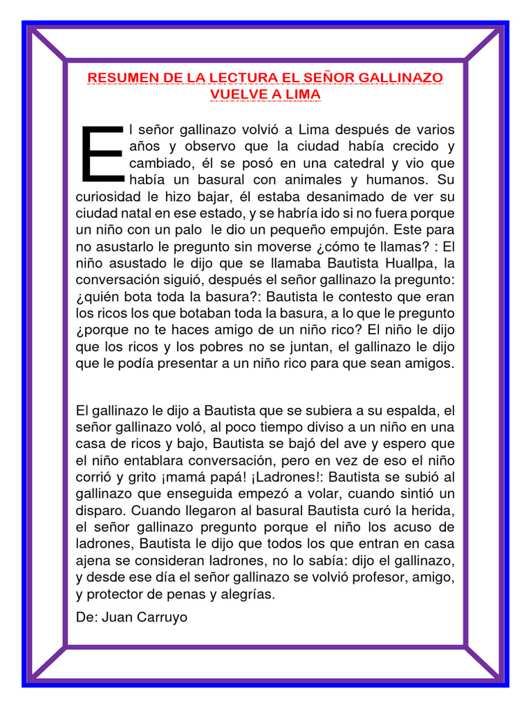 Resumen de La Lectura El Señor Gallinazo Vuelve A Lima | PDF