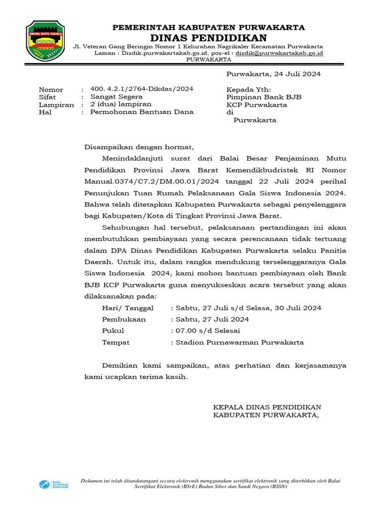 Surat Permohonan Bantuan Dana BJB - 24 Juli 2024 | PDF