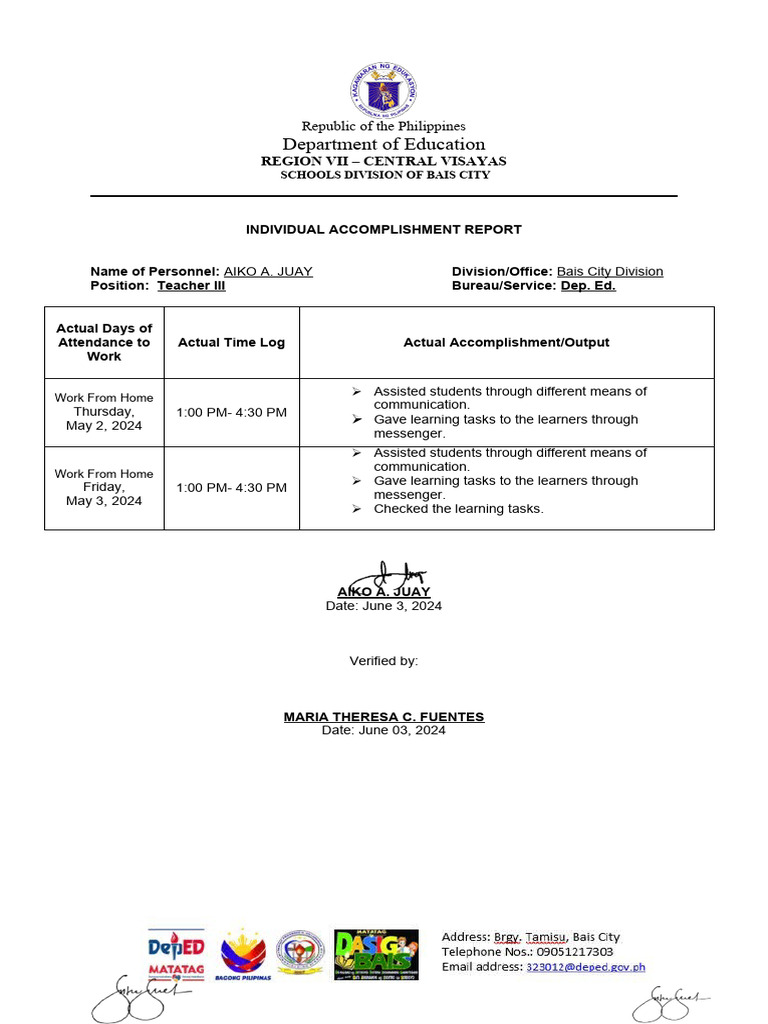 Teacher Aiko Juay's Accomplishment Report | PDF