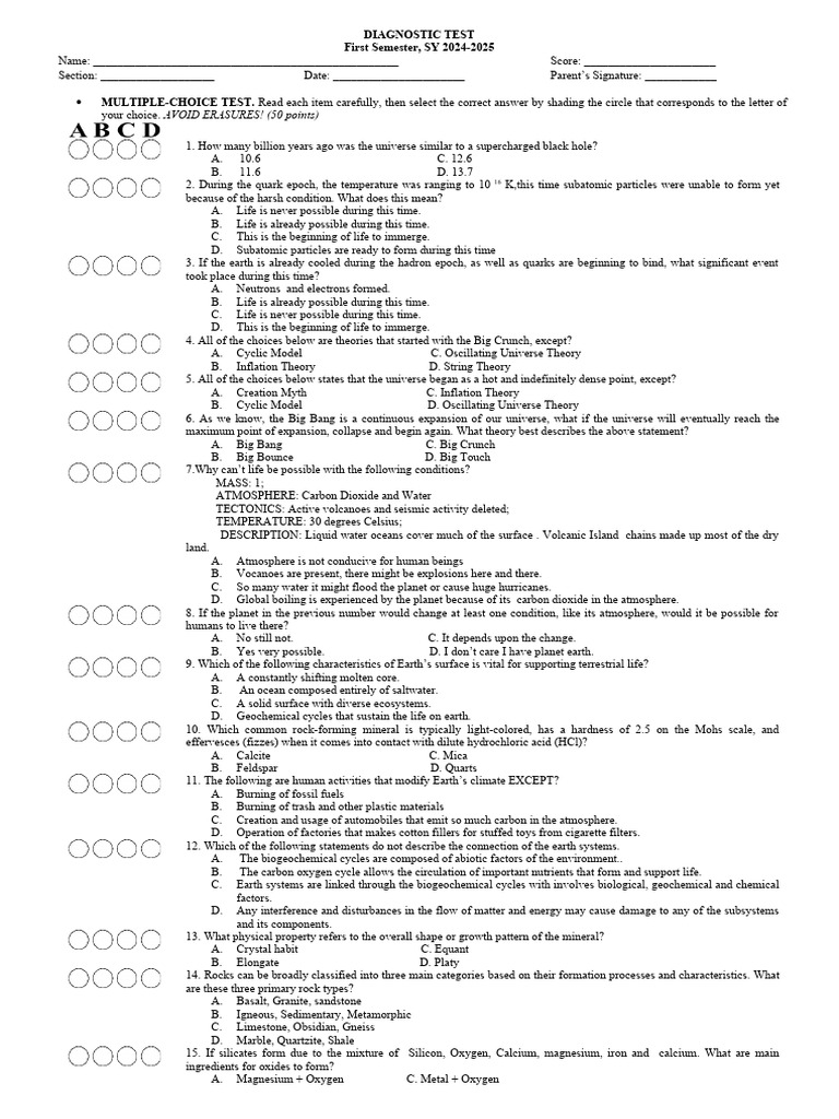 Earth Sci Diagnostic | PDF | Rock (Geology) | Universe