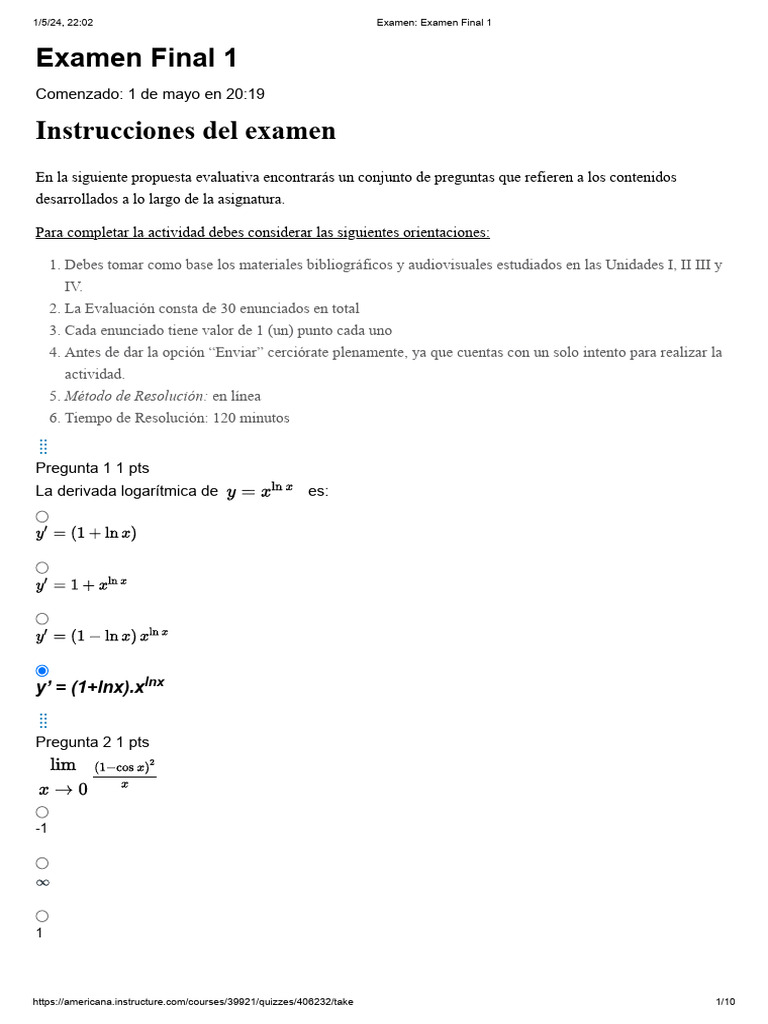 Examen - Examen Final 1 - MATEMATICA III | PDF | Calculo diferencial | Cálculo