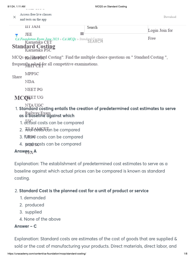 Standard Costing MCQs for Exams | PDF | Cost Accounting | Variance