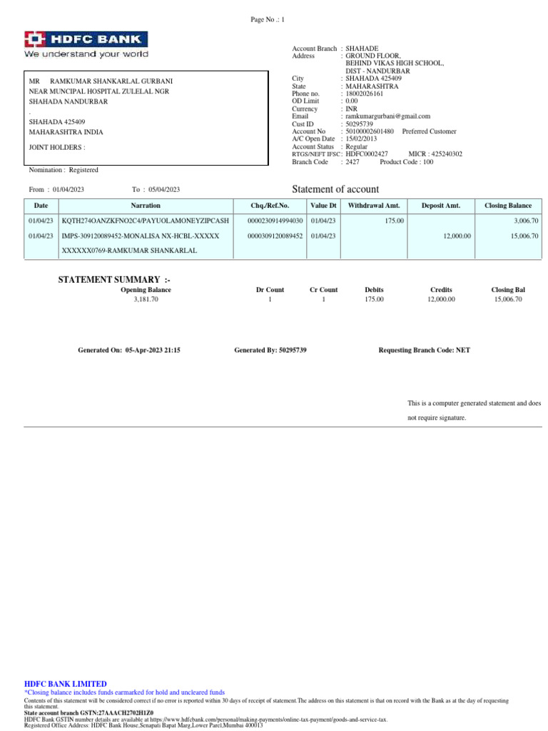 Statement of Account | PDF | Banking Technology | Banking