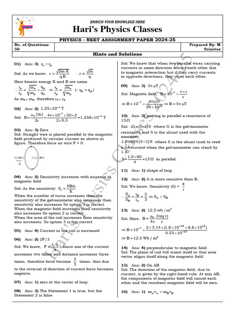 PHYSICS NEET ASSIGNMENT PAPER Sol | PDF | Physics | Physical Sciences
