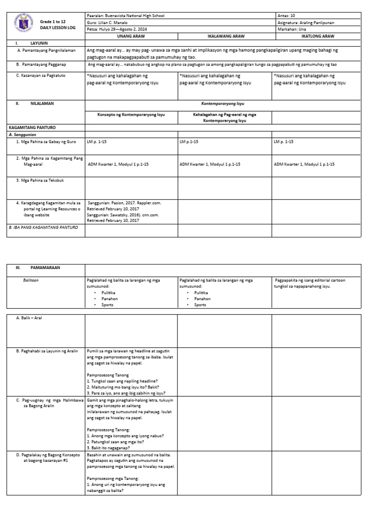 Ap10 DLL Quarter 1 Week 1 | PDF