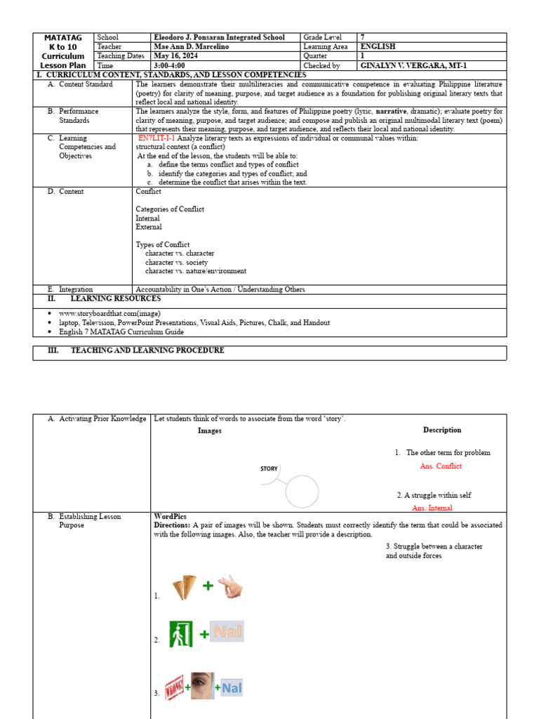 LP MATATAG ENG7 q1 - 085943 | PDF | Learning | Curriculum