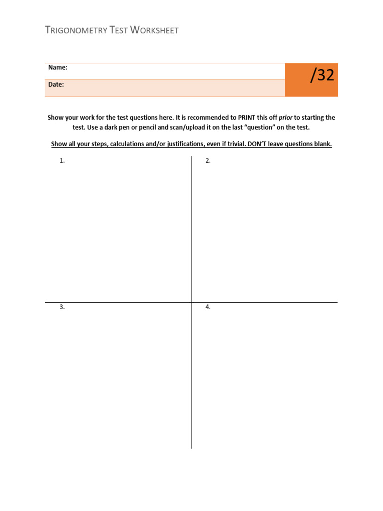 Trigonometry Test Worksheet Template | PDF | Teaching Methods & Materials