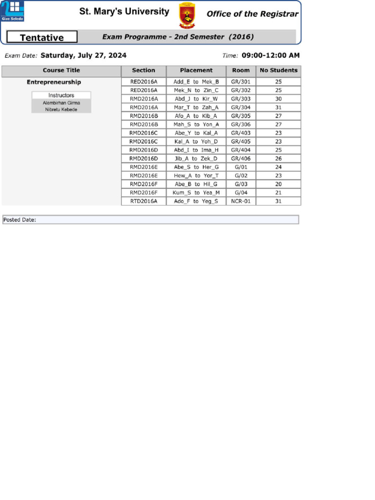 2016 E C Second Semester Regular Student Tentative Exam Schedule | PDF